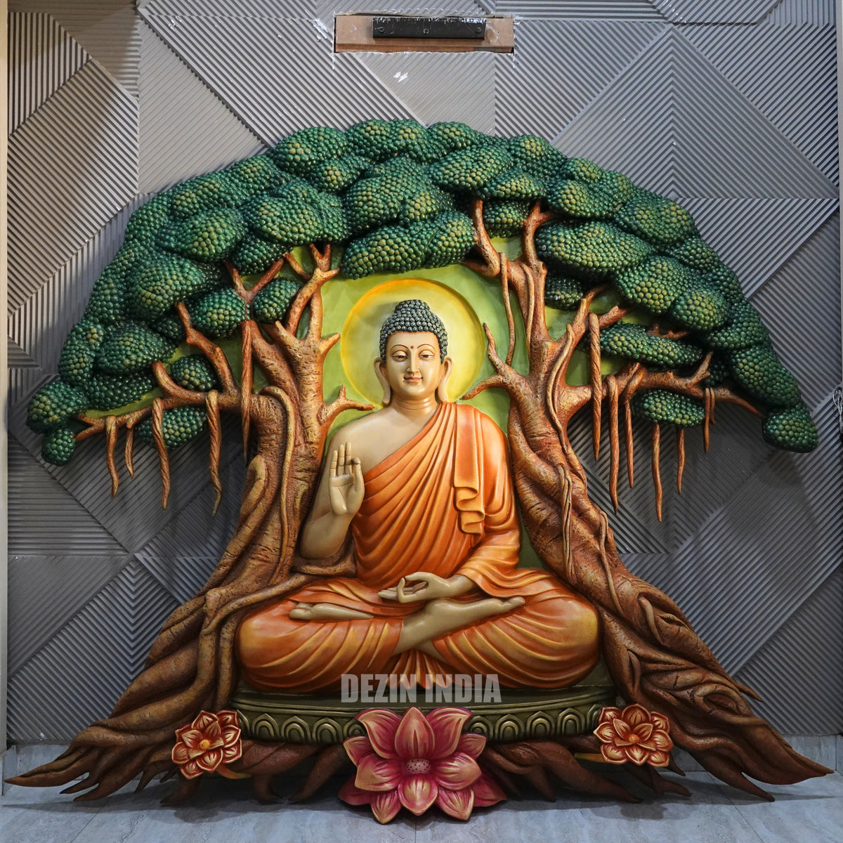 Lord Buddha Wall Mural 7x6ft | Bodhi Tree Meditation Art for Peaceful – Dezin India
